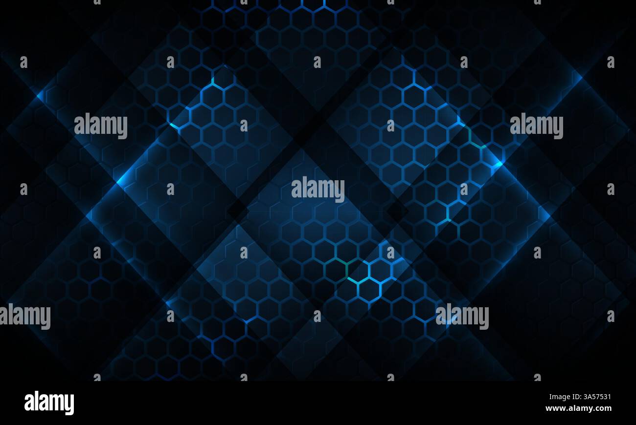Dark hexagon gaming abstract vector background with blue colored bright ...