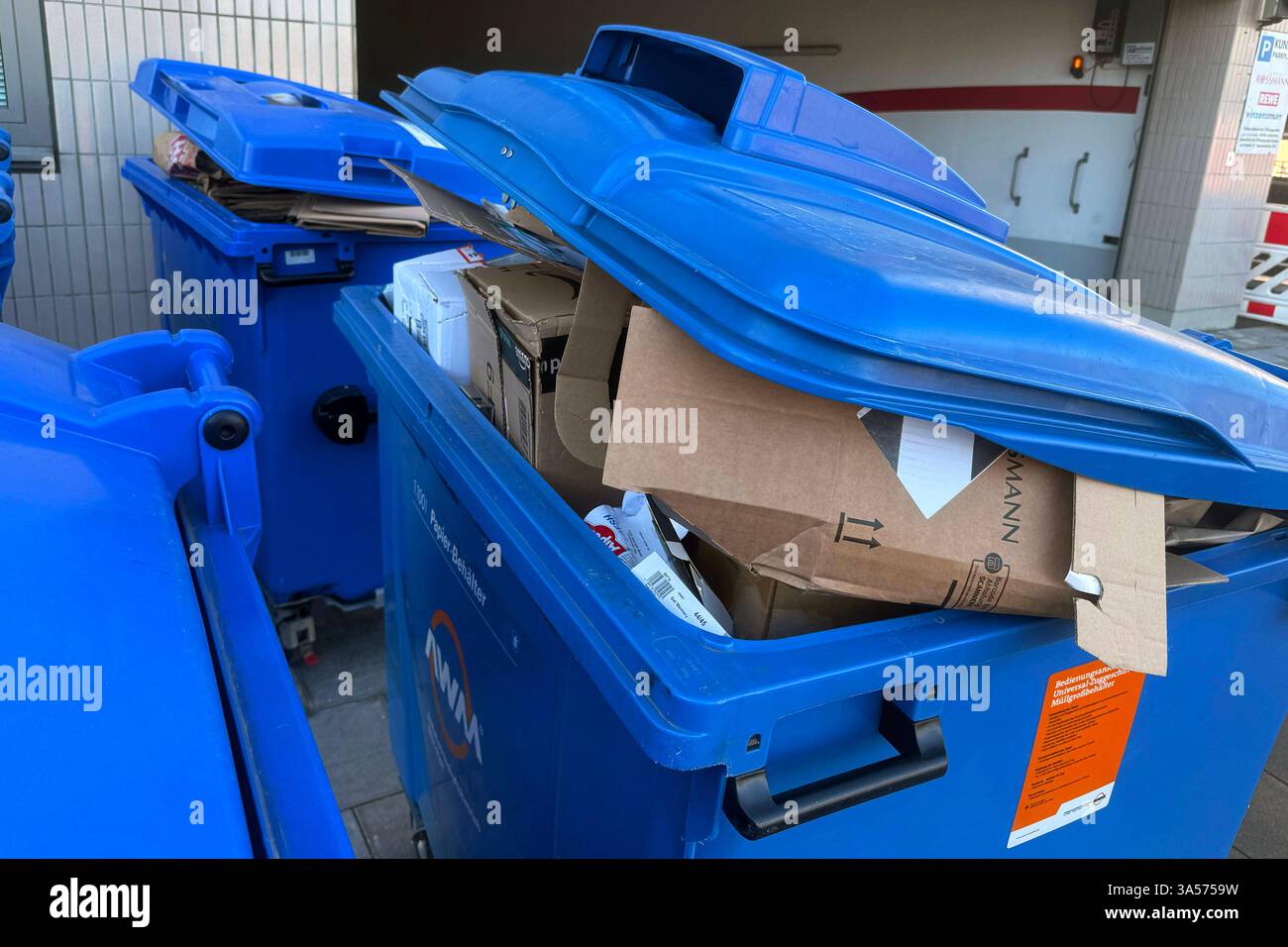 Volle Blaue Papiertonne, der Deckel laesst sich nicht mehr vollends ...