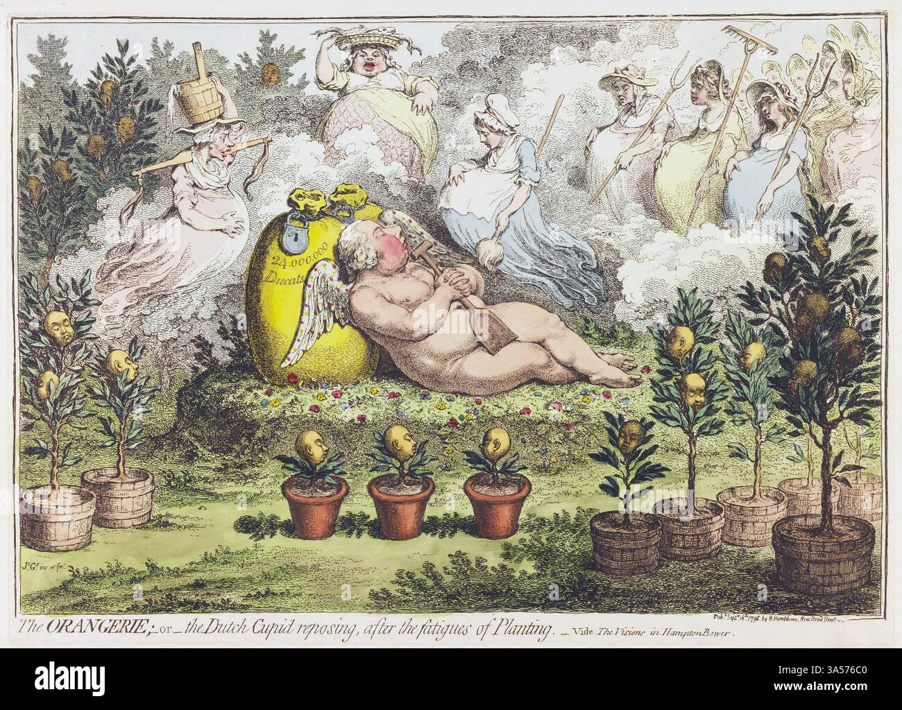 A humorous cartoon by James Gillray, print etching hand coloured ...