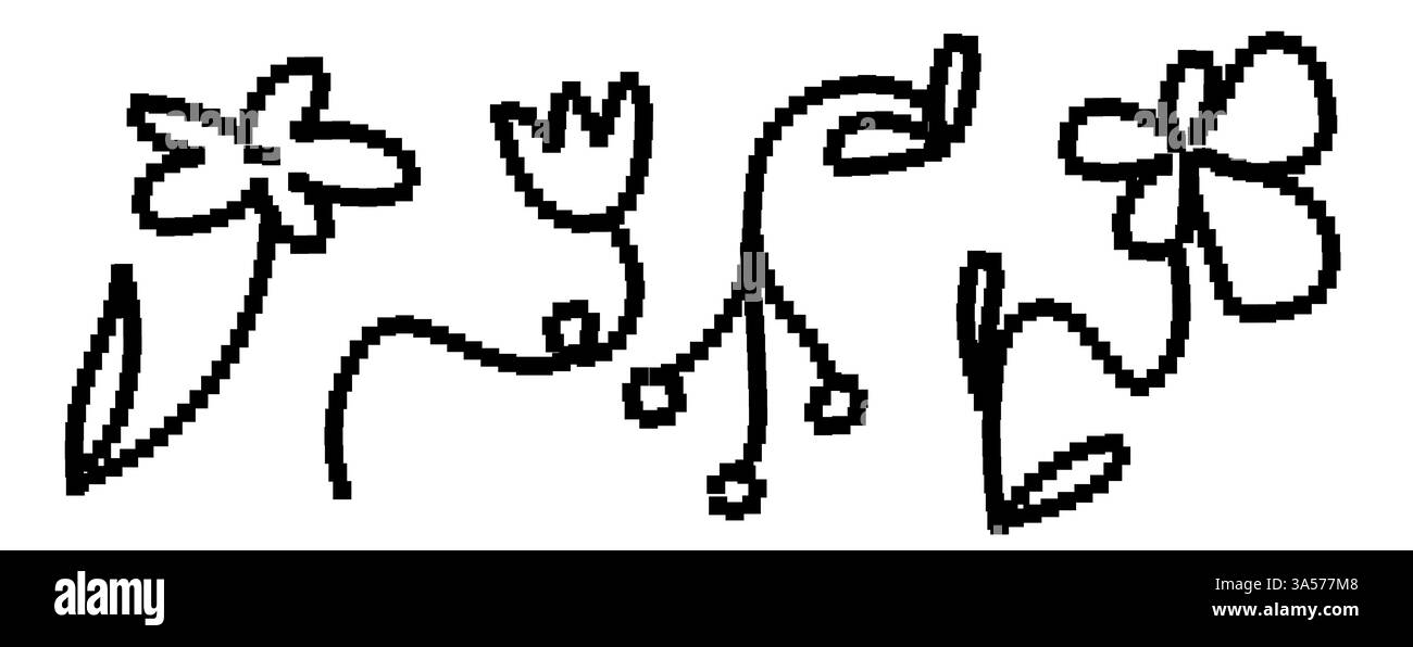 Y2k Pixel art. Flowers set doodle. Retro symbol with organic line. New ...