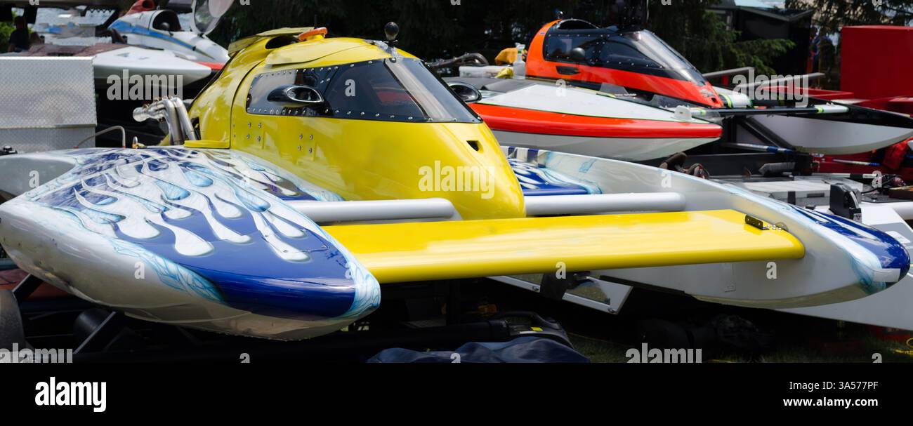 Close-up of a group of colorful hydroplane racing boats resting in the ...