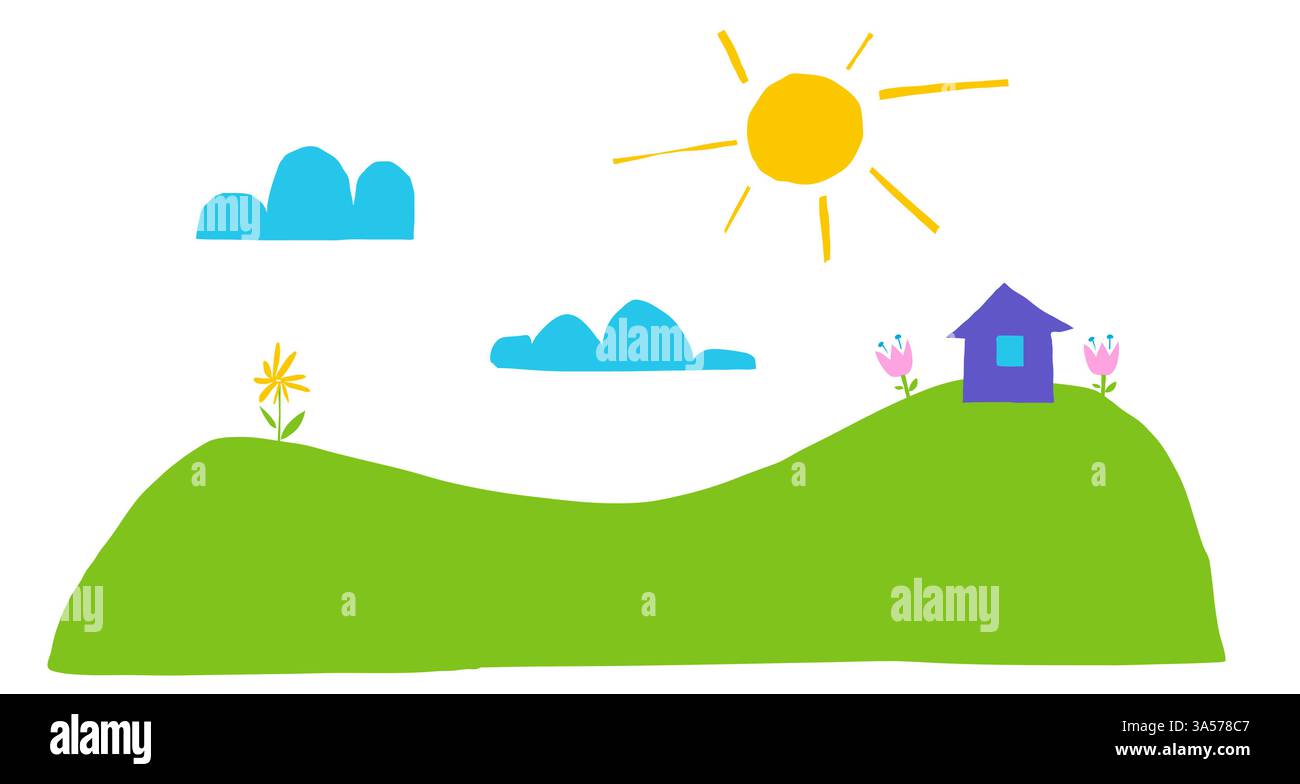 Cut out childish landscape with house and sky and sun and flowers ...