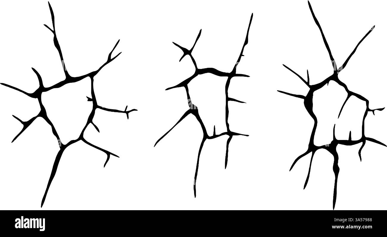 Three abstract black crack patterns on a white background, showcasing ...