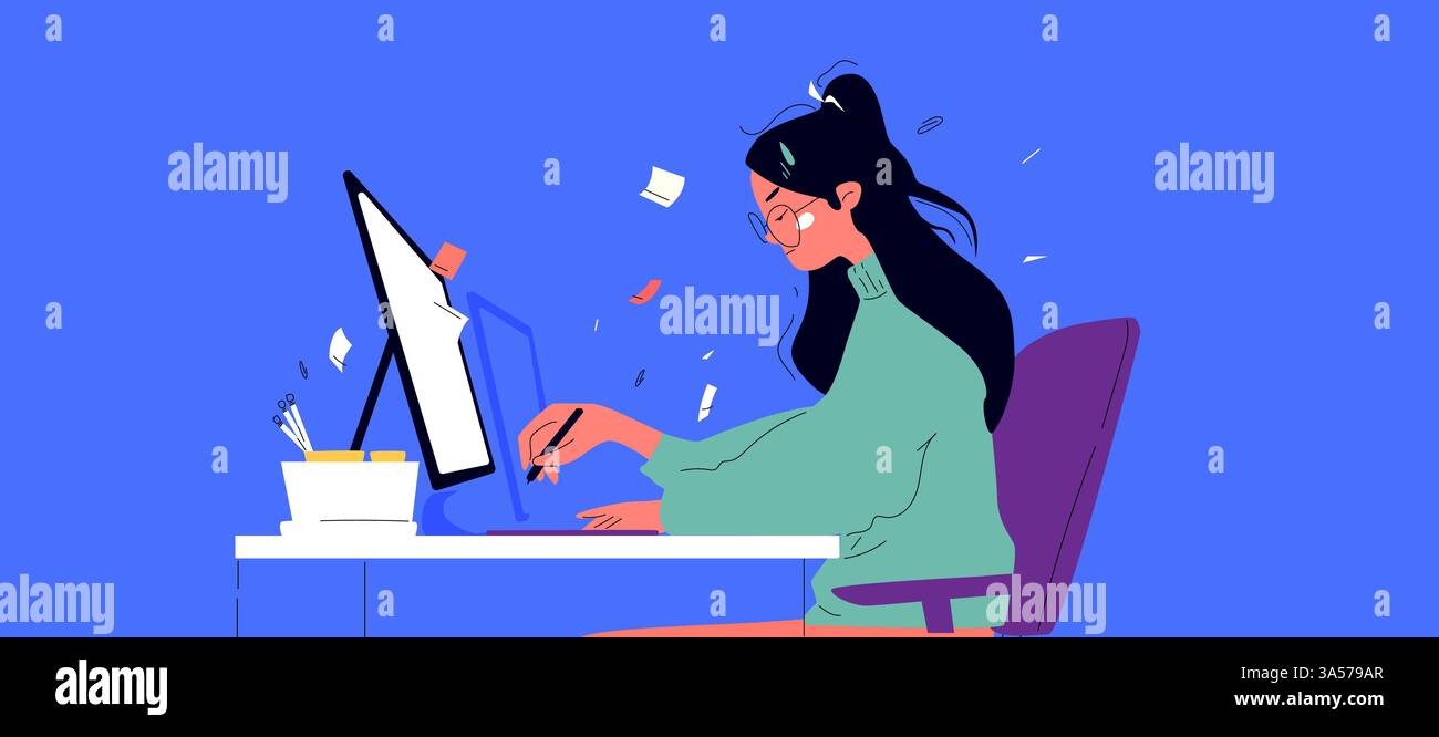 A woman working hard at her computer. Sitting at her desk. Backlog at ...