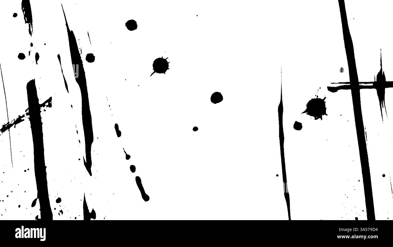 Abstract black ink splatters and streaks on a white background ...