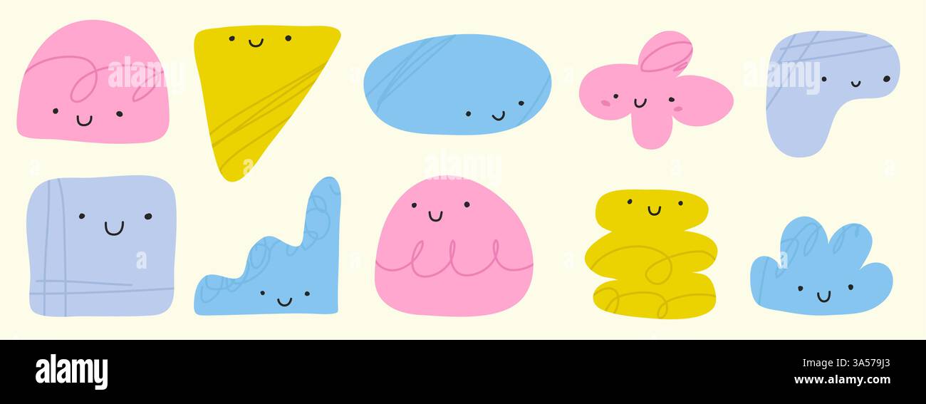 Abstract rounded shape with face as a cute doodle characters set. Funny ...