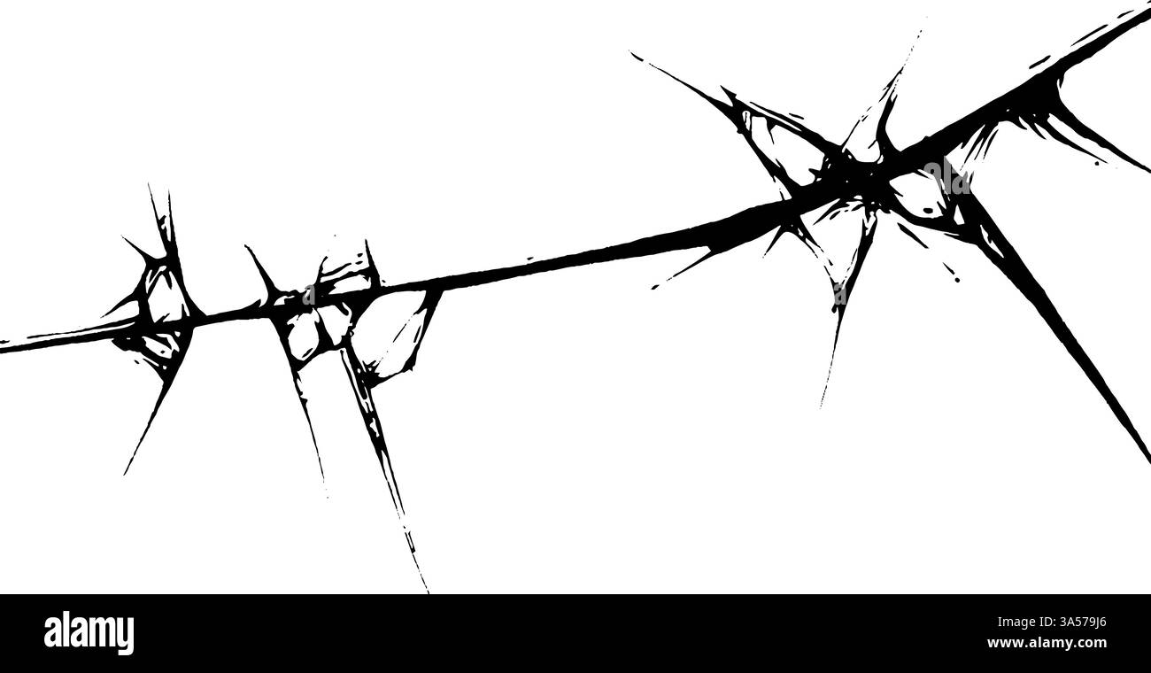 A stylized black and white illustration of a thorny branch with sharp ...