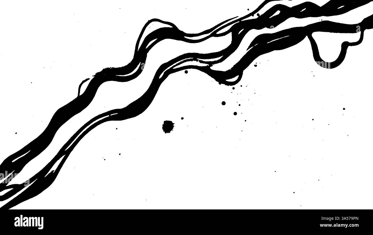 An abstract black ink splash design with flowing lines and splatters on ...