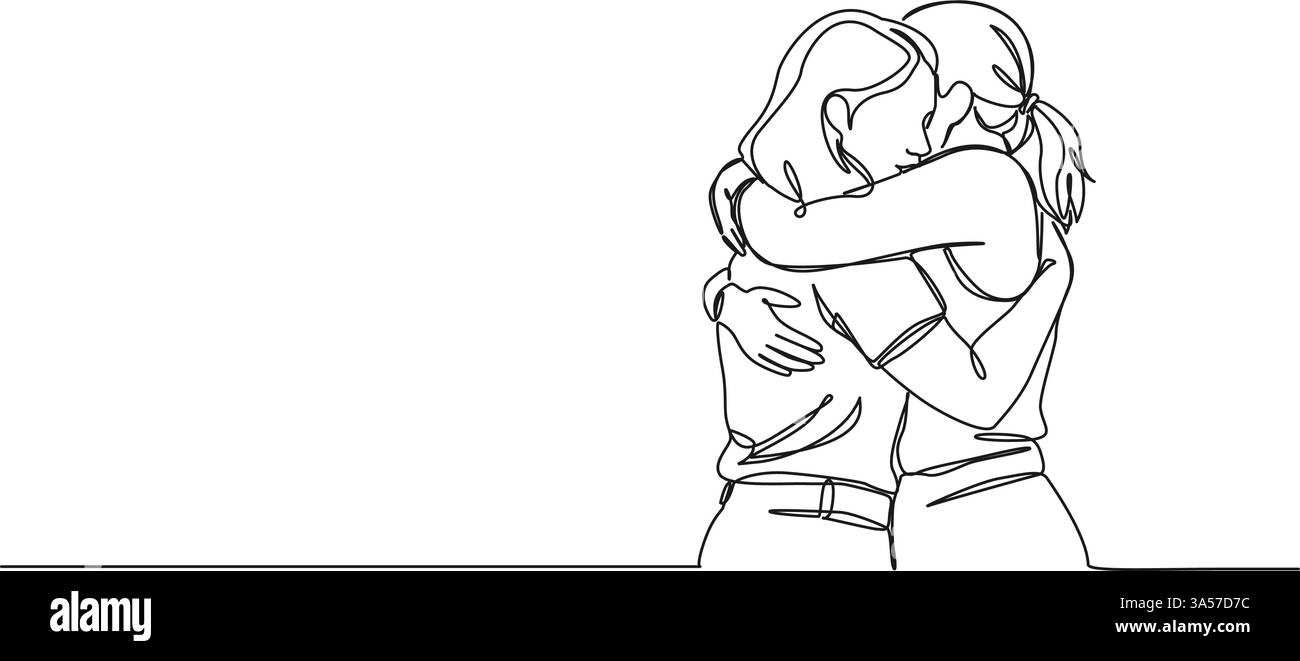 continuous single line drawing of two young women hugging, line art ...