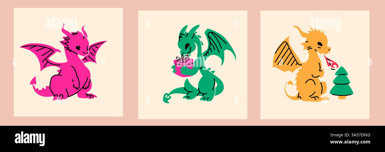 A set of 3 cute new year dragons. Square cards for social media. Vector ...