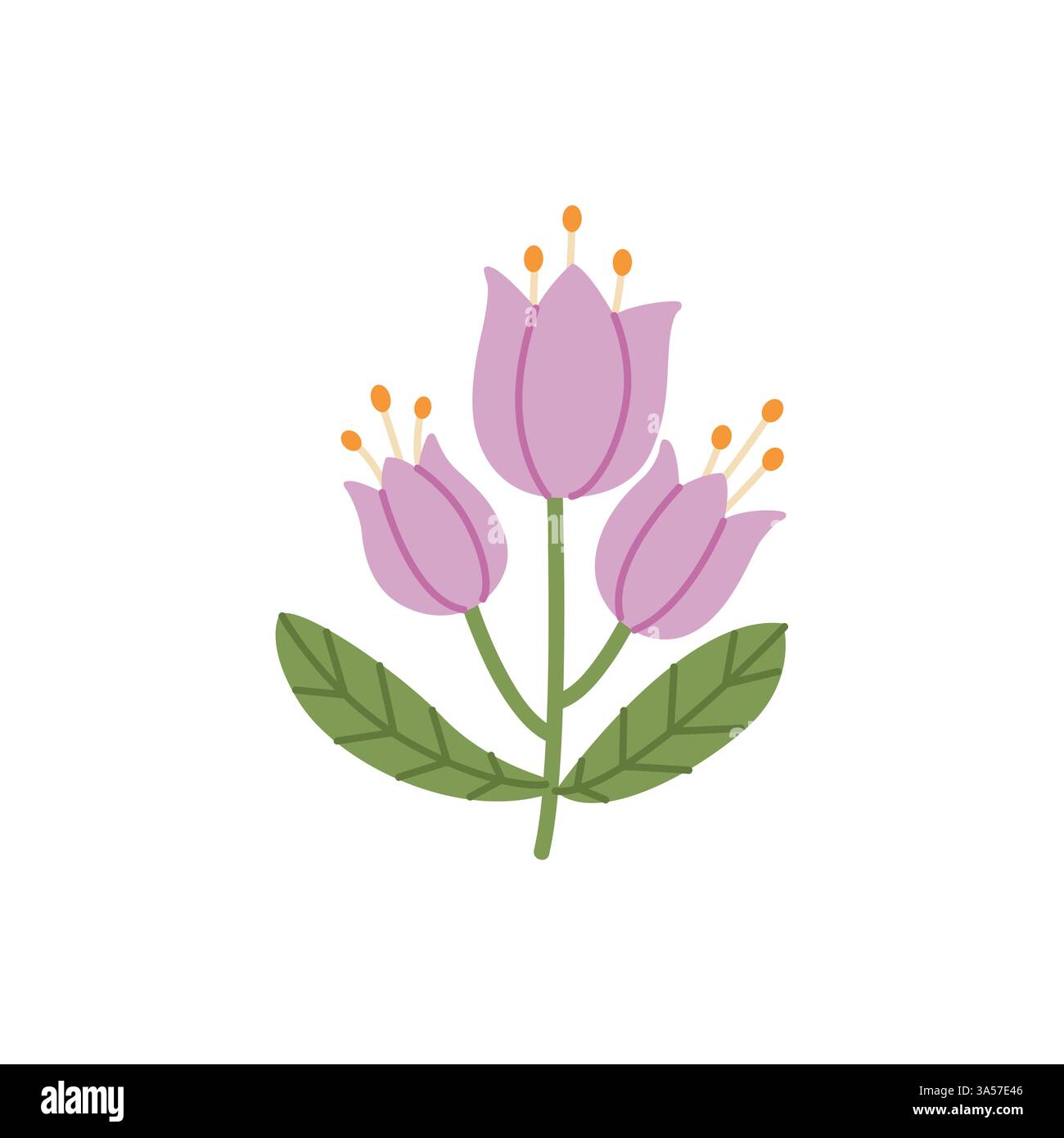 Hand drawn pretty stylized pink flowers with green leaves. Spring ...