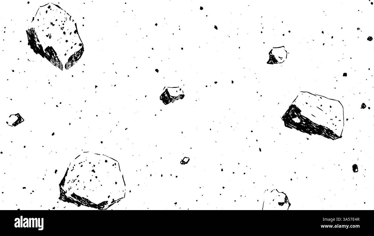 A black and white illustration of various asteroids floating in space, with a scattered ...