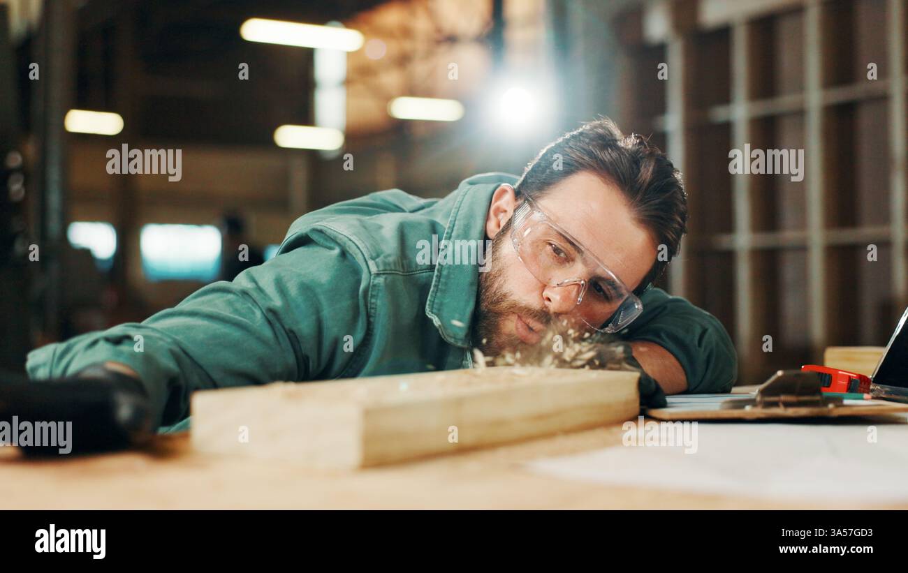 Carpenter, wood and blow dust with workshop, process or manufacturing ...
