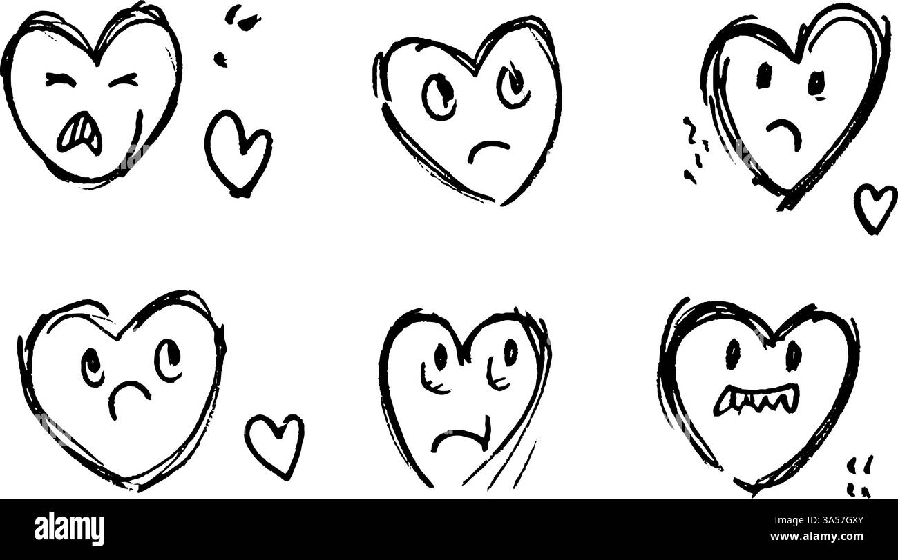 A collection of six hand-drawn heart emojis expressing various emotions ...