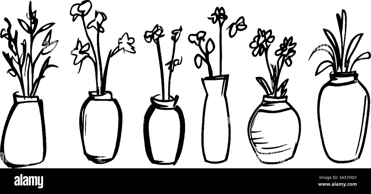 Set flowers vases in Black and White Stock Photos & Images - Alamy