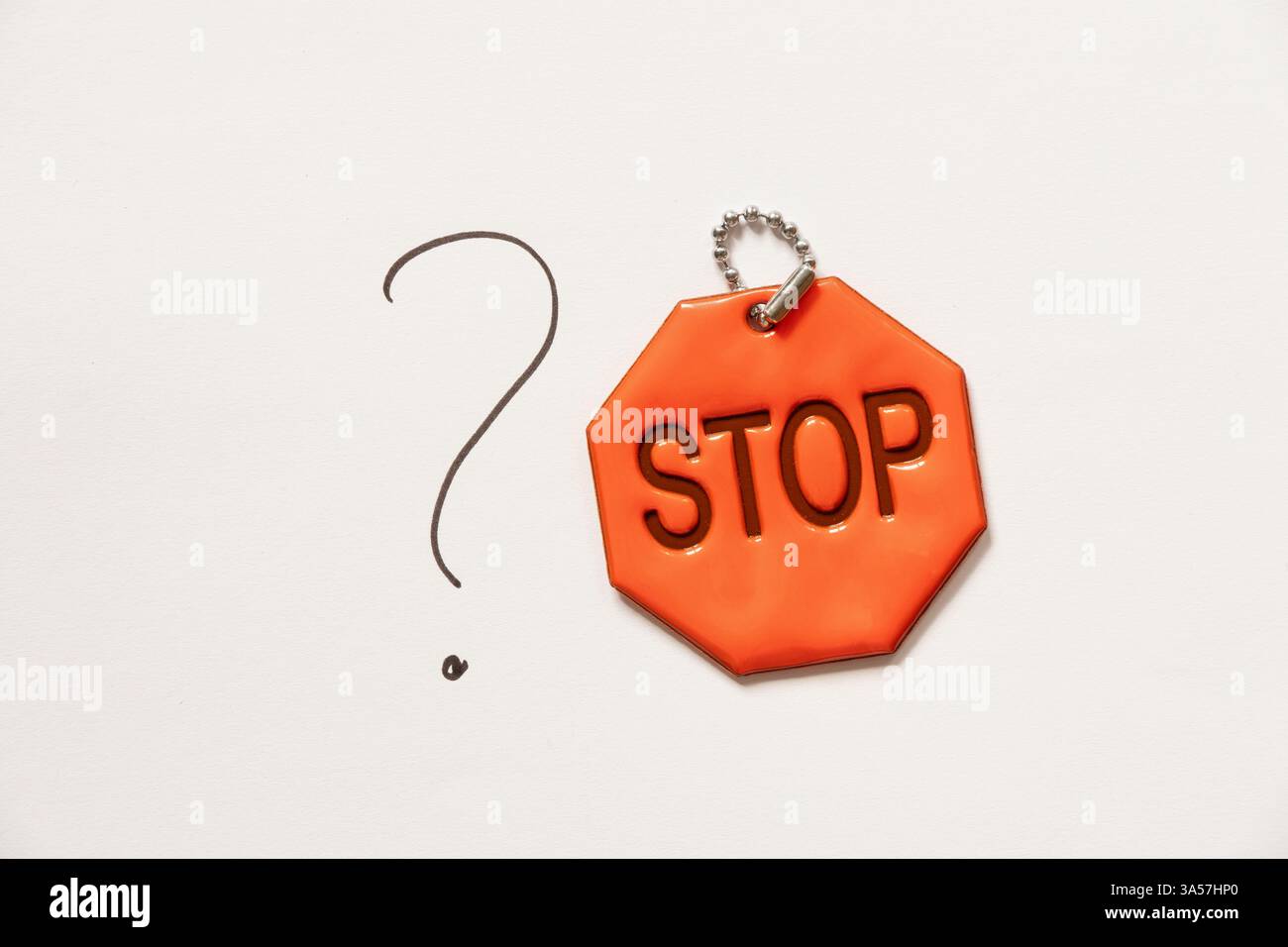 Hand drawn question mark and reflective sign with stop text on white ...