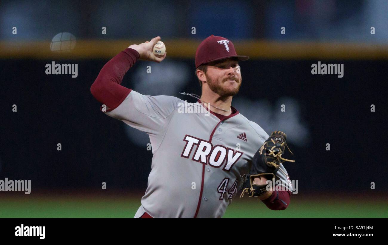 Troy pitcher Garrett Gainous (44) throws during an NCAA baseball game against Louisiana ...