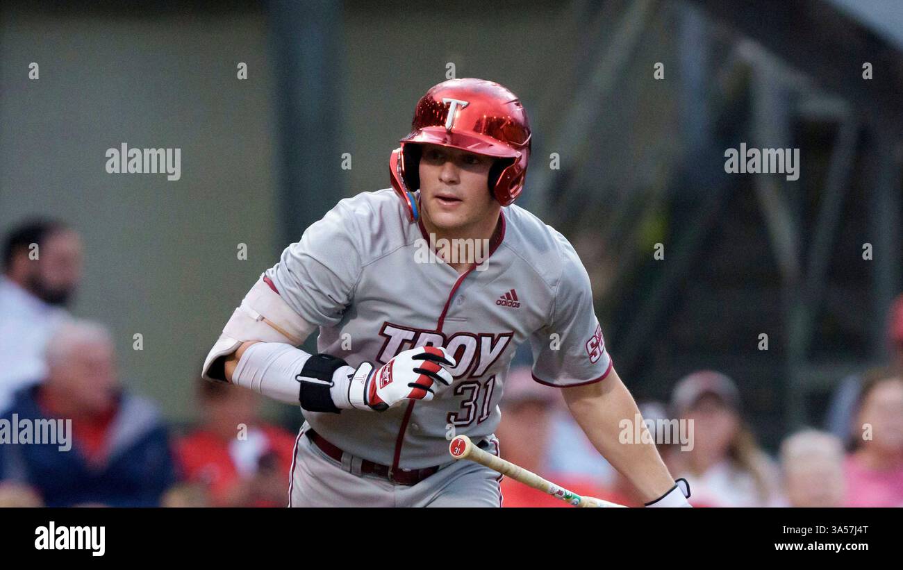 Troy outfielder Mike Bello (31) tosses his bat for a walk during an ...