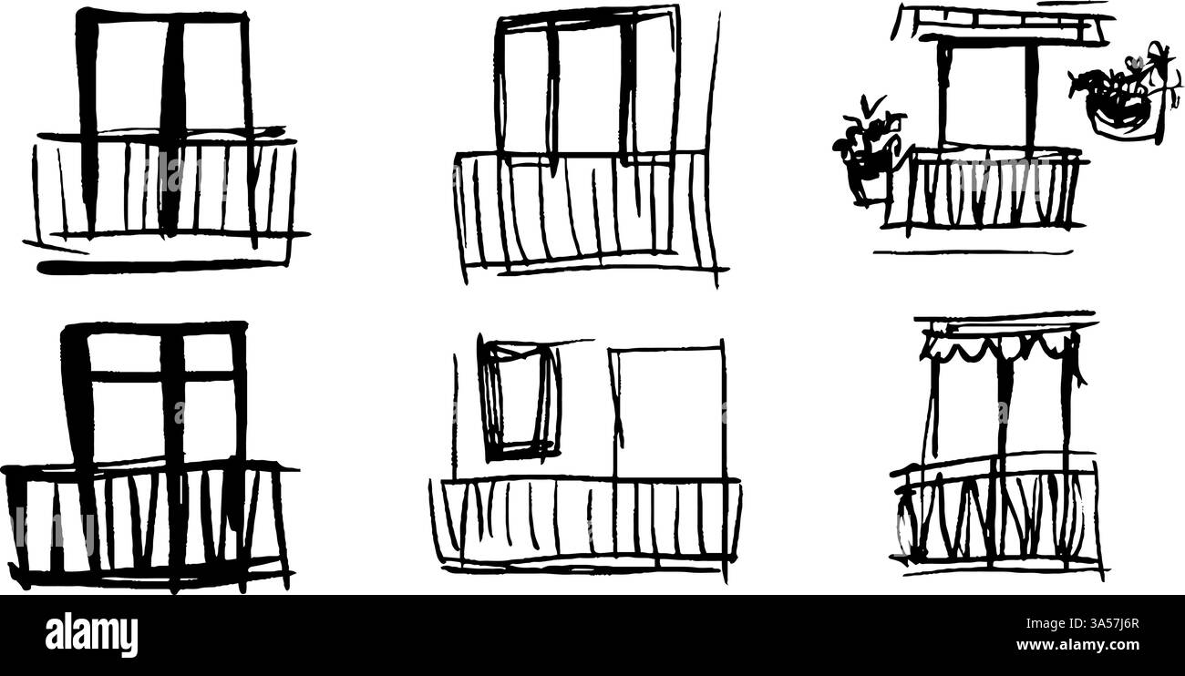 A collection of six simple sketches of windows and balconies ...