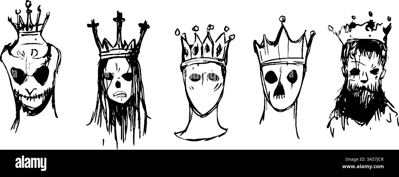 A collection of five stylized, eerie crown-wearing heads, each with ...