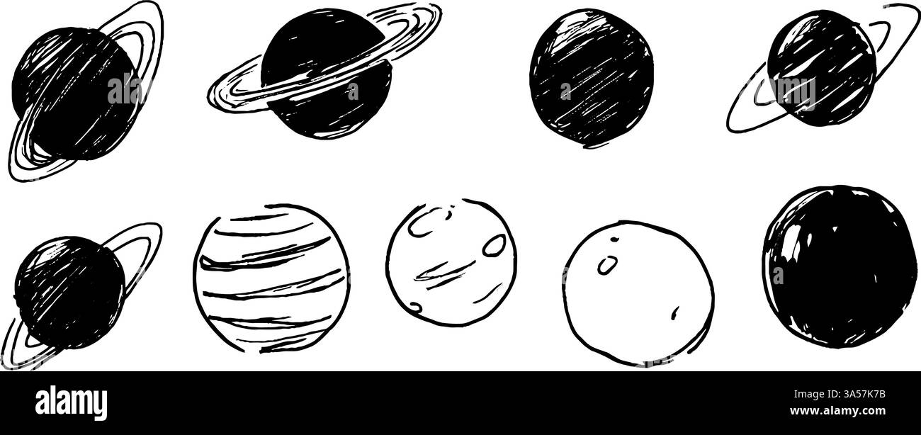 A collection of hand-drawn planets in various styles, including Saturn ...