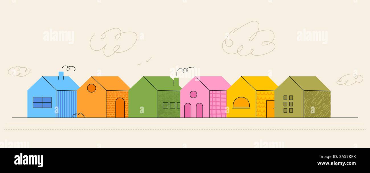 Street with road from simple house icons in bright color. Neighborhood ...
