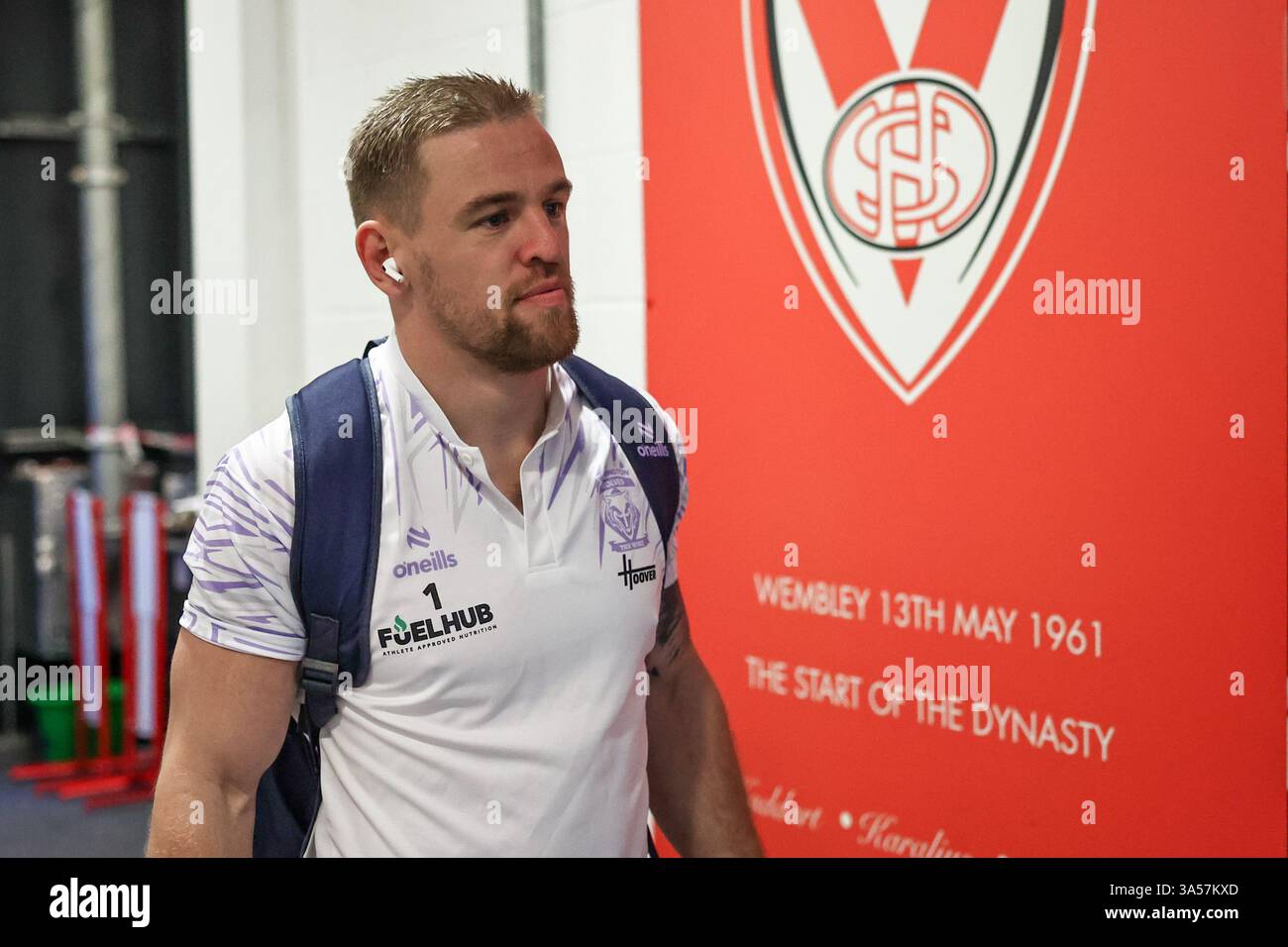 Matt Dufty of Warrington Wolves arrives during the Betfred Super League ...
