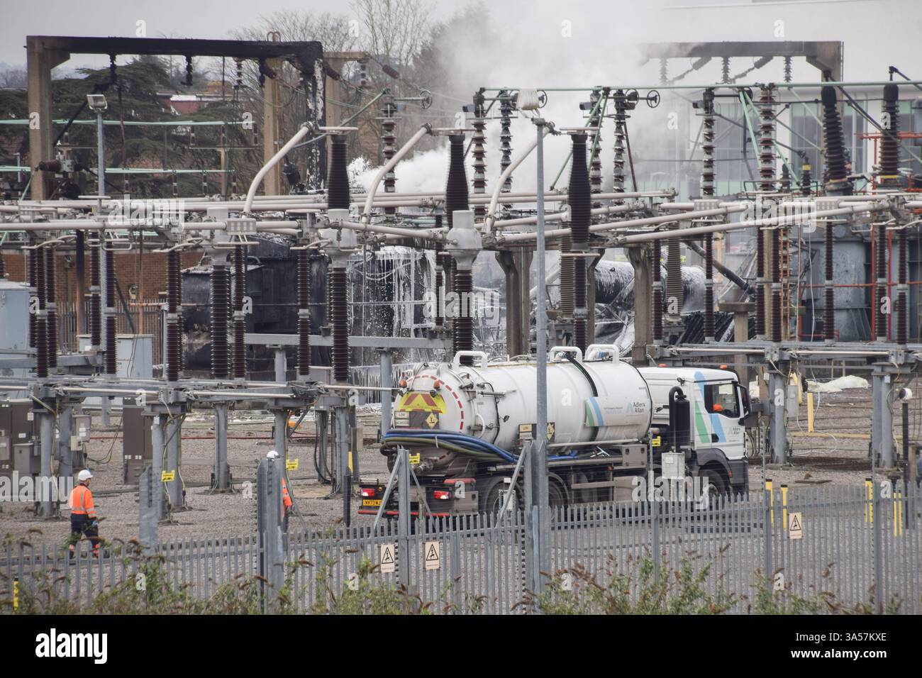 March 21, 2025, London, England, UK: Firefighters spray the structure ...