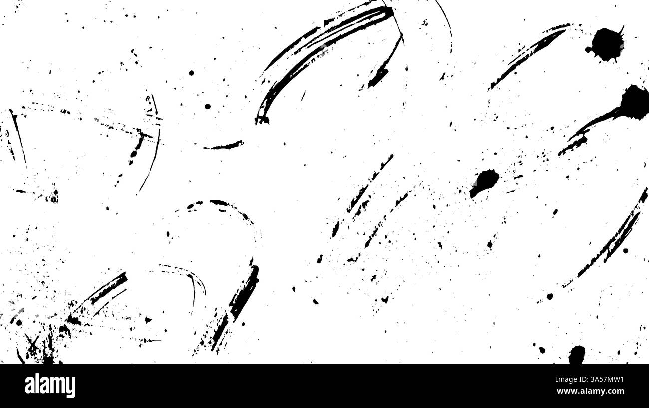 Abstract black ink splatters and brush strokes on a white background, creating a dynamic and ...