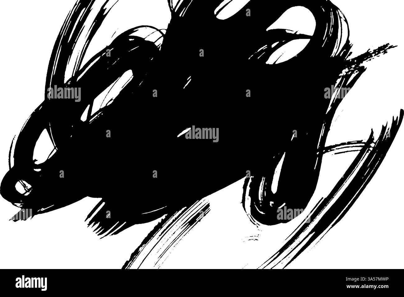 An abstract black and white illustration featuring dynamic brush strokes and shapes, resembling ...