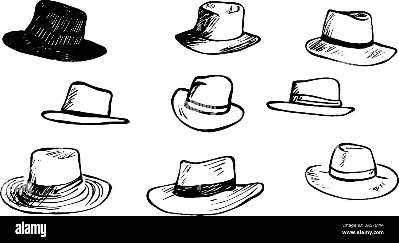 A collection of hand-drawn hats in various styles and shapes, including ...