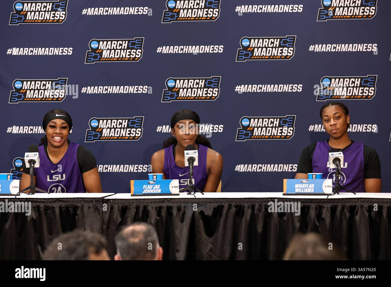 March 21, 2025: LSU's Flau'Jae Johnson (4), and Aneesah Morrow (12) meet with the media during ...