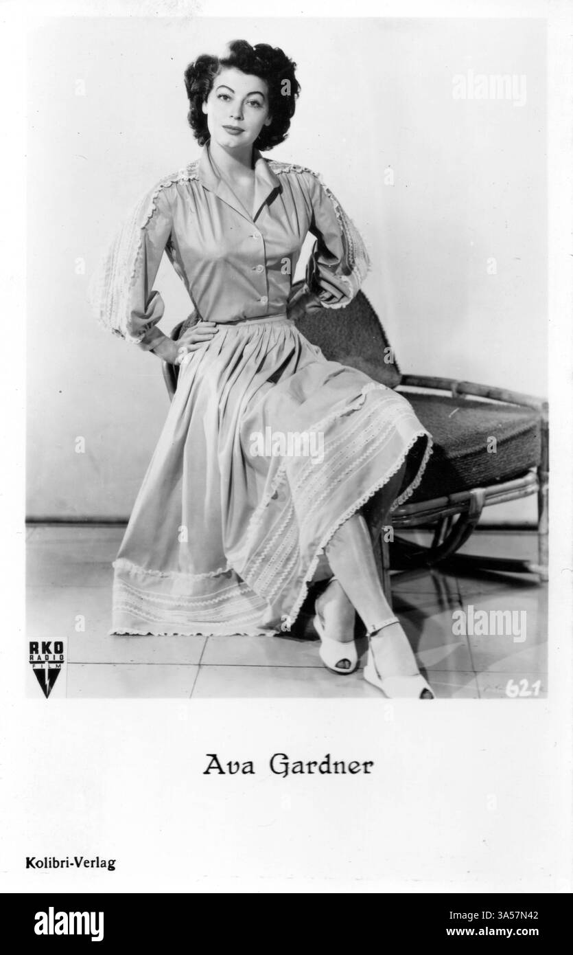 An antique postcard featuring American actress and singer Ava Gardner ...