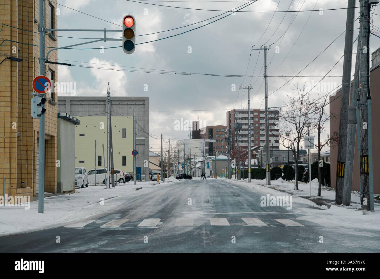 Beautiful Hakodate street view during winter season. Isolated by white ...