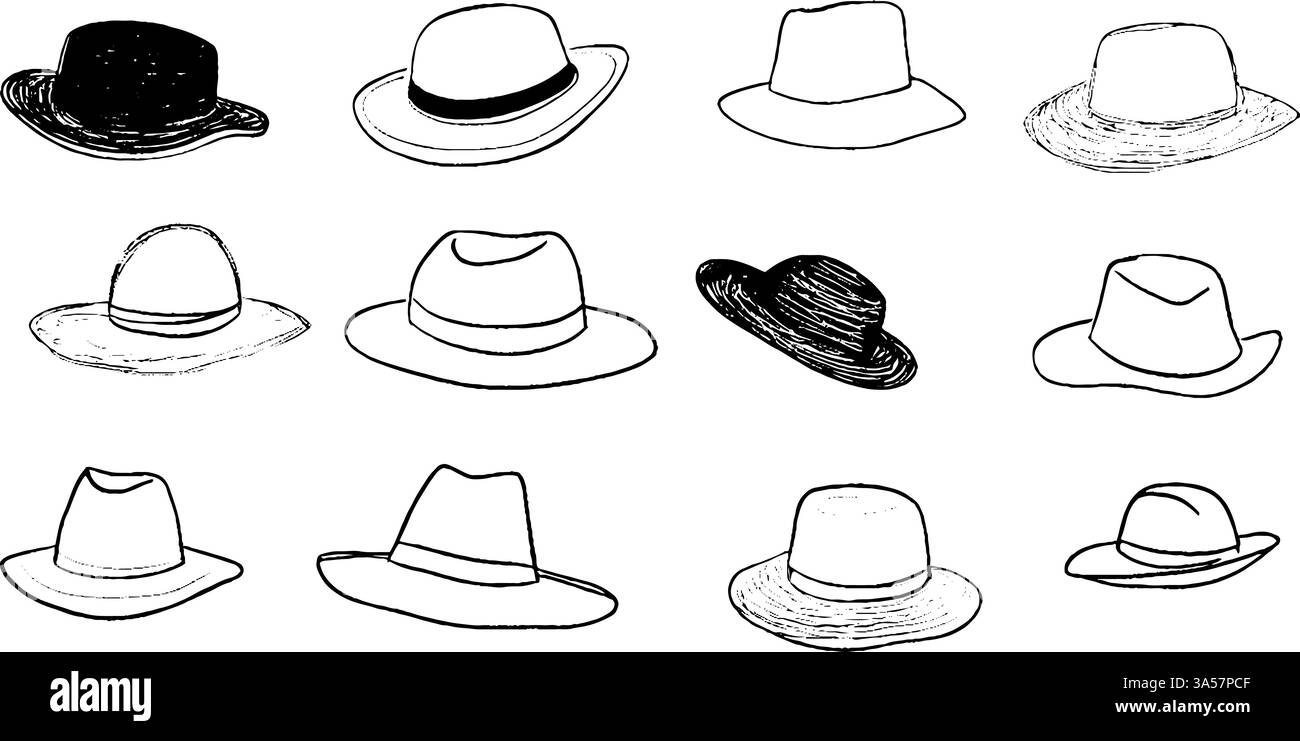 A collection of various hat designs illustrated in black and white. The ...