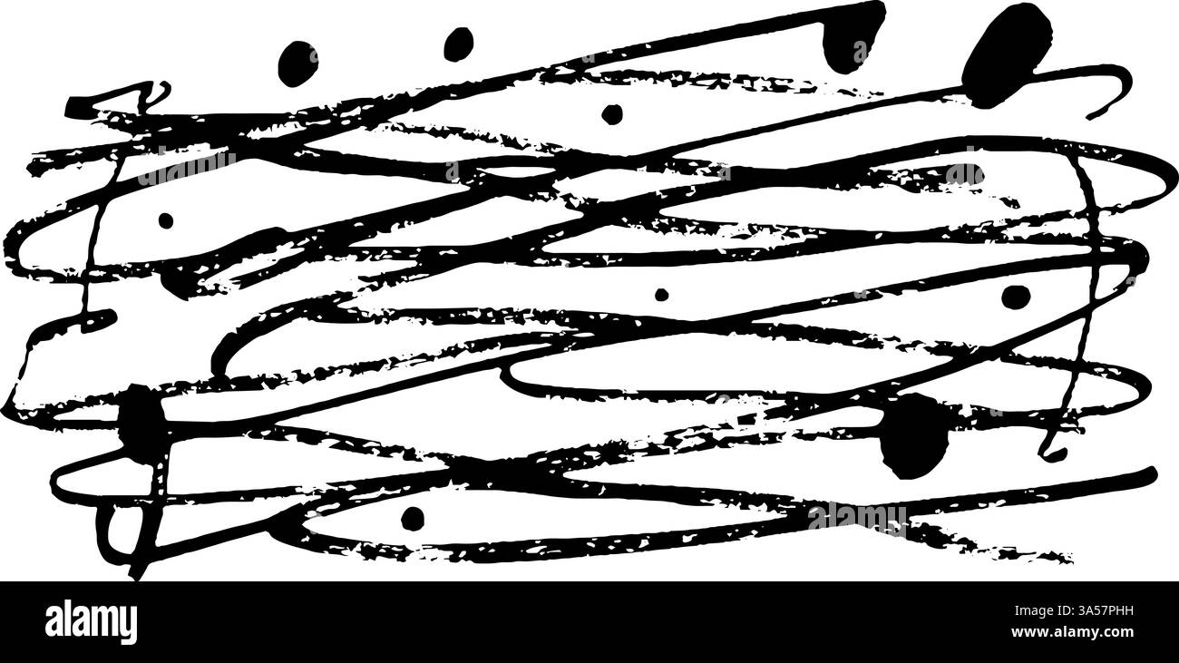 An abstract black and white illustration featuring chaotic, overlapping lines and splatters ...