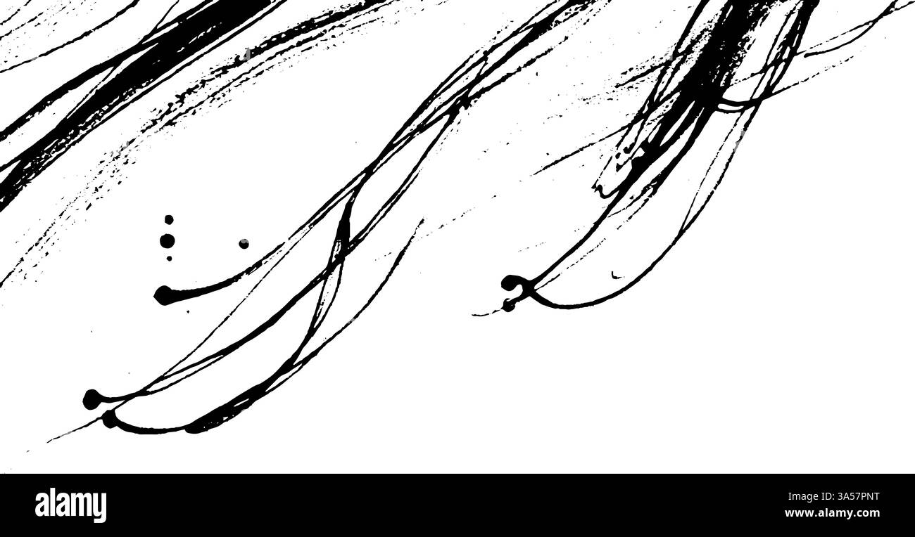 An abstract black ink design featuring flowing lines and dots on a ...