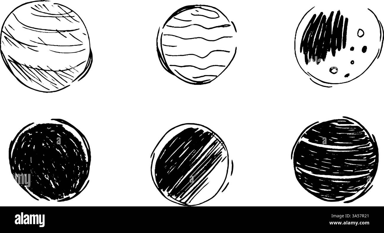 A collection of six hand-drawn planets, each with unique textures and ...