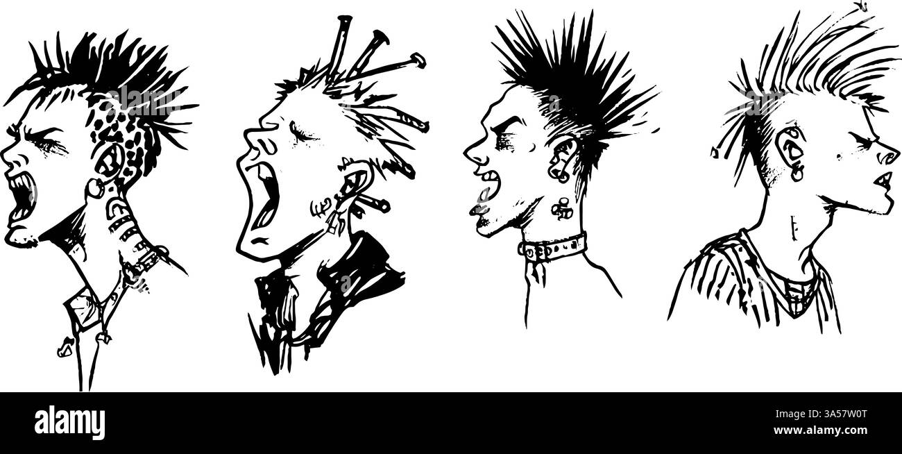 A series of four punk-inspired character illustrations, each with ...