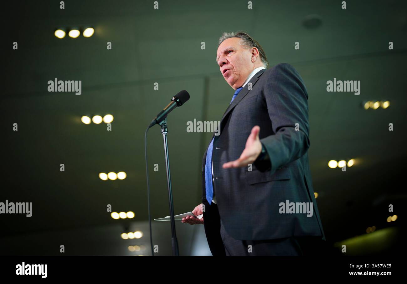 Premier of Quebec Francois Legault talks with reporters as he arrives ...