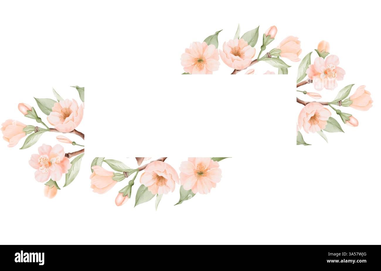 Horizontal frame, border with Blossoming Branch of Peach or Cherry ...