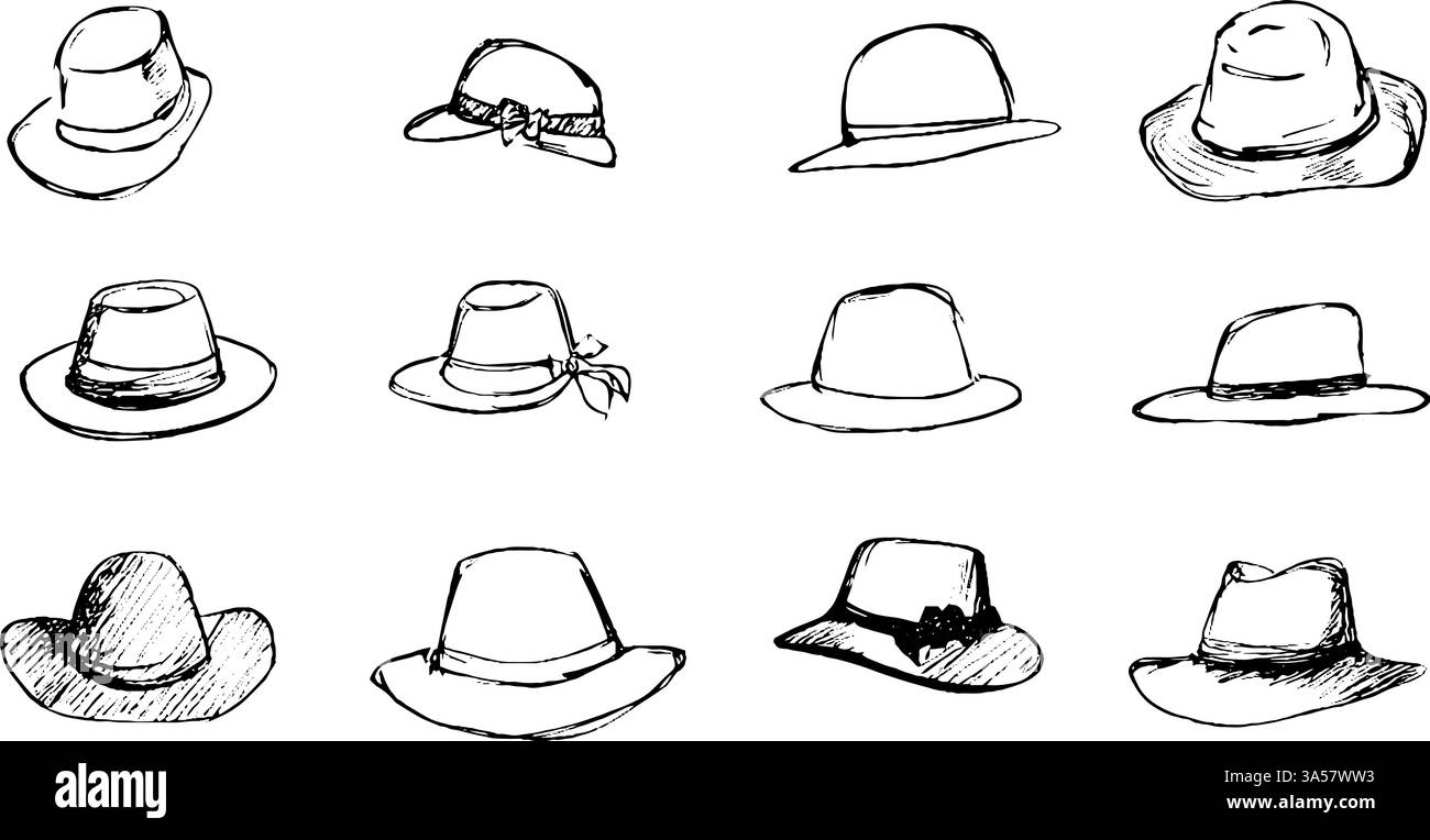 A collection of twelve hand-drawn hats in various styles, including ...