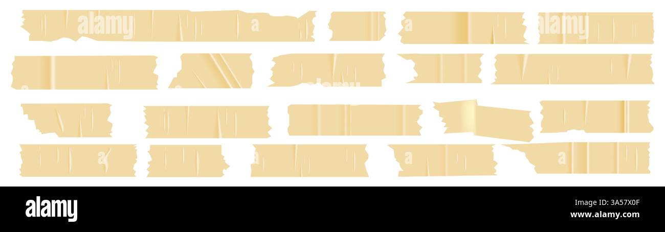 A set of plastic beige pieces of torn scotch tape. Trendy elements for ...