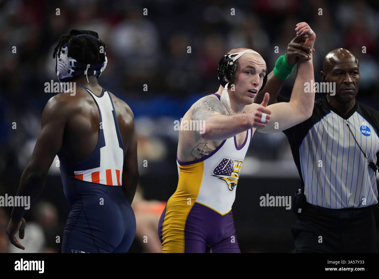 Northern Iowa's Parker Keckeisen, right, reacts after defeating ...