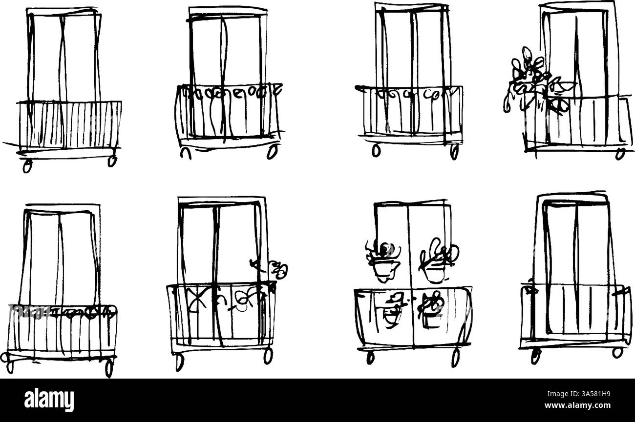 A series of nine simple sketches depicting various balcony designs ...