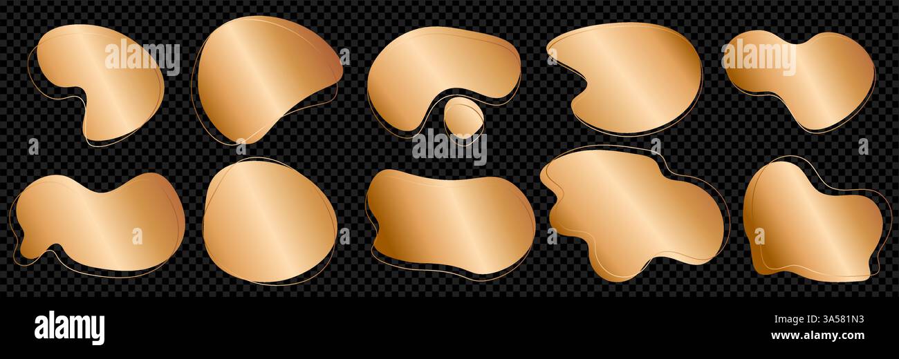 Gold organic splash shapes set with thin line, on transparent ...