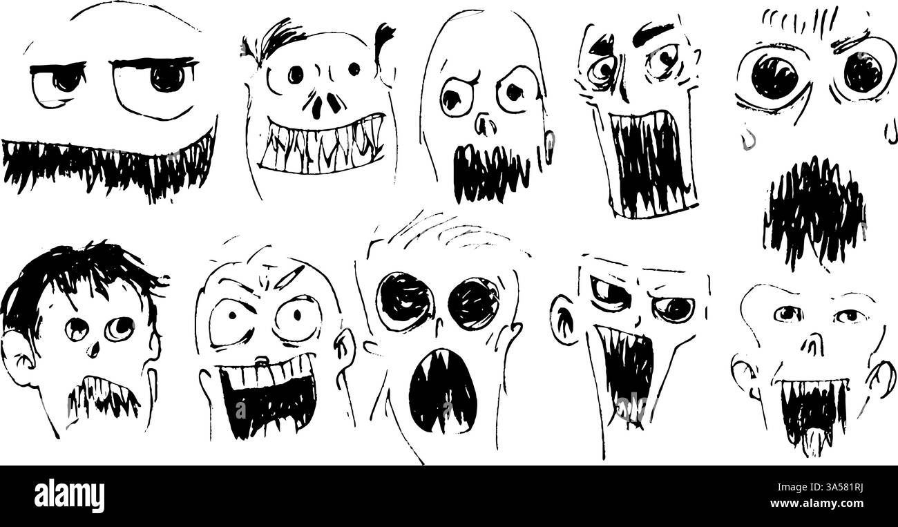 A collection of expressive, hand-drawn faces showcasing various ...