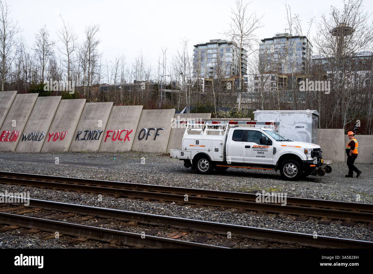 Seattle, USA. 21st Mar 2025. Anti Elon Musk graffiti on the Seattle ...