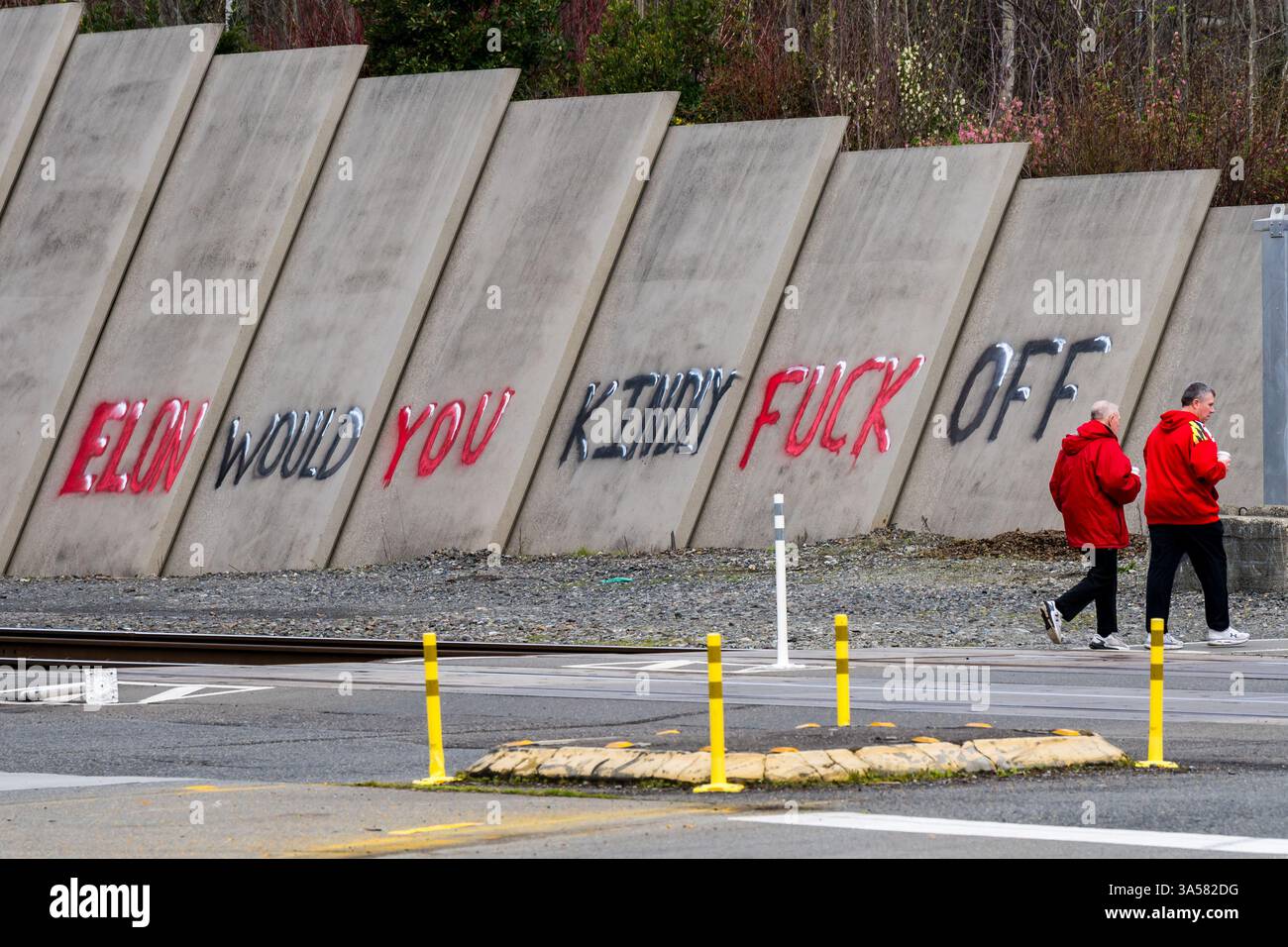 Seattle, USA. 21st Mar 2025. Anti Elon Musk graffiti on the Seattle ...