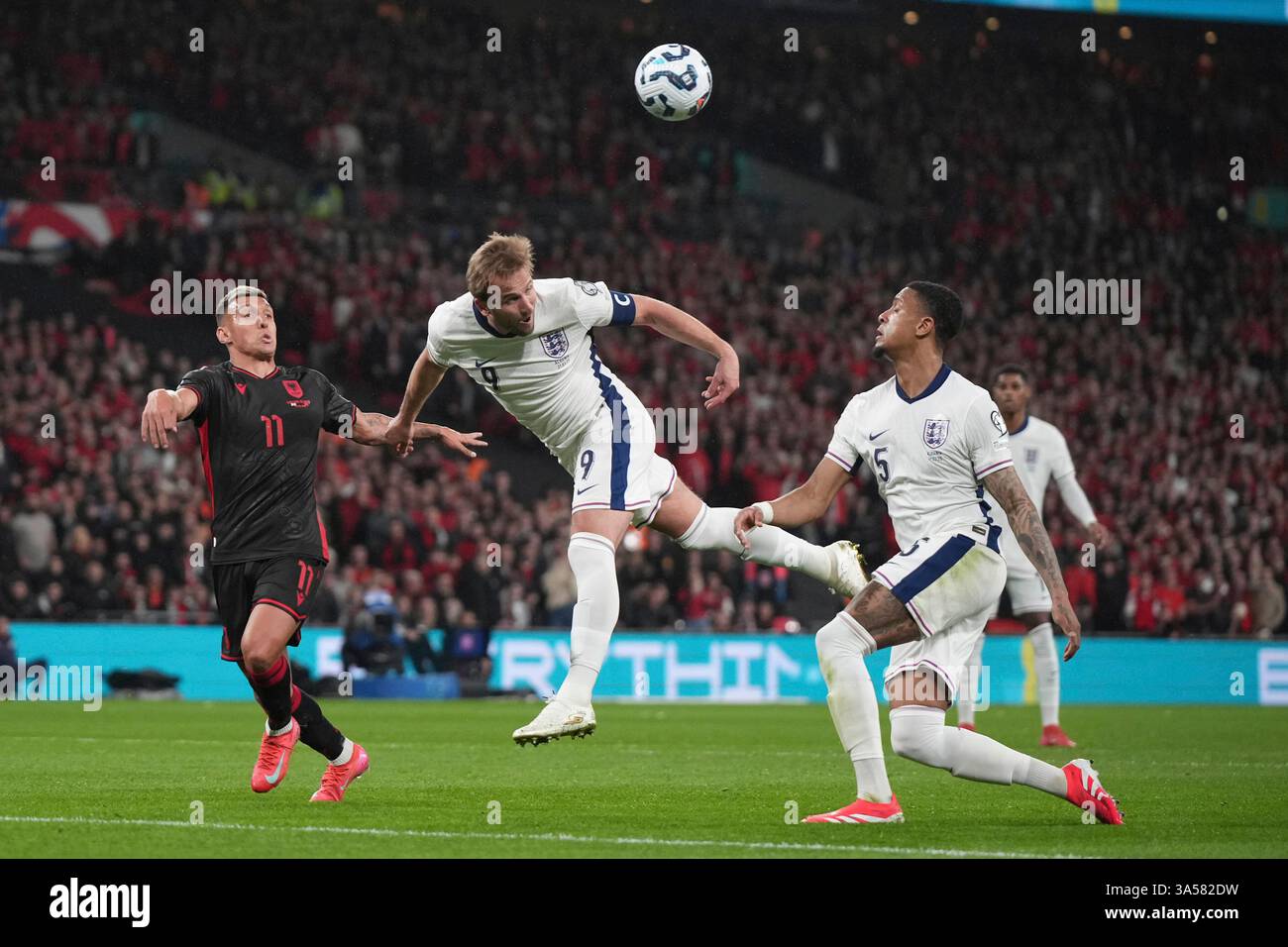 England's Harry Kane heads the ball during a World Cup qualifying ...